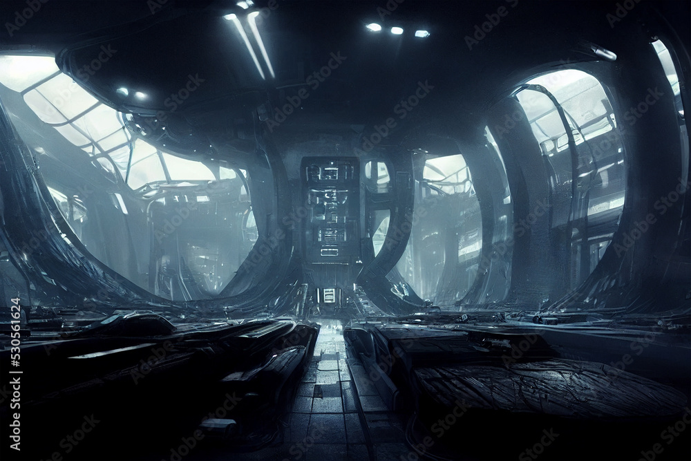 interior of large alien spaceship, digital art, background Stock ...