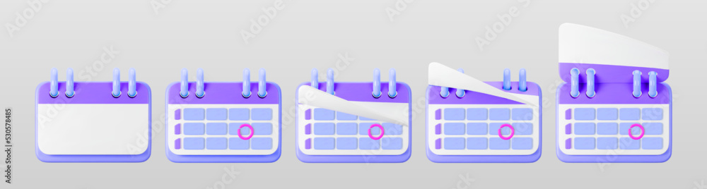 3d purple calendar icons with highlighted circle day and flipping pages ...