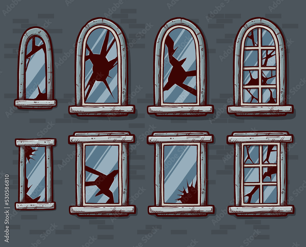 Cartoon windows with broken glass in a frame on a brick wall. Facade ...