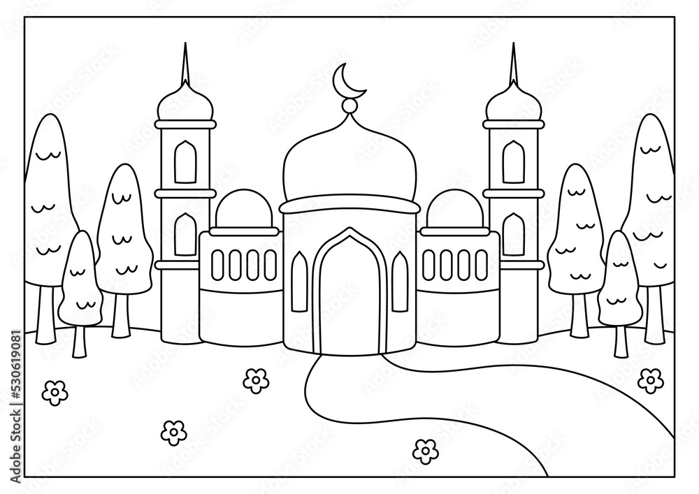 mosque coloring page activity for kid printable vector Stock Vector ...