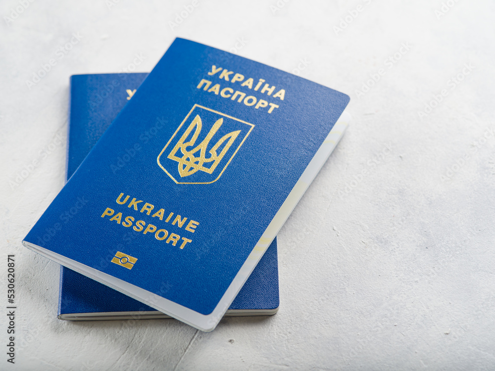 Two Ukrainian biometric passports on a light background. Close-up ...