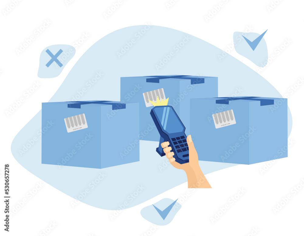 Handheld data collection terminal in hand scans barcodes on a box in a ...