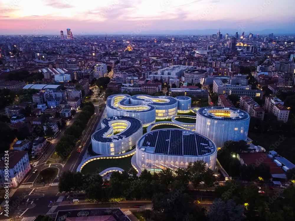 Aerial view of solar panels on the roof. The new campus of the SDA ...