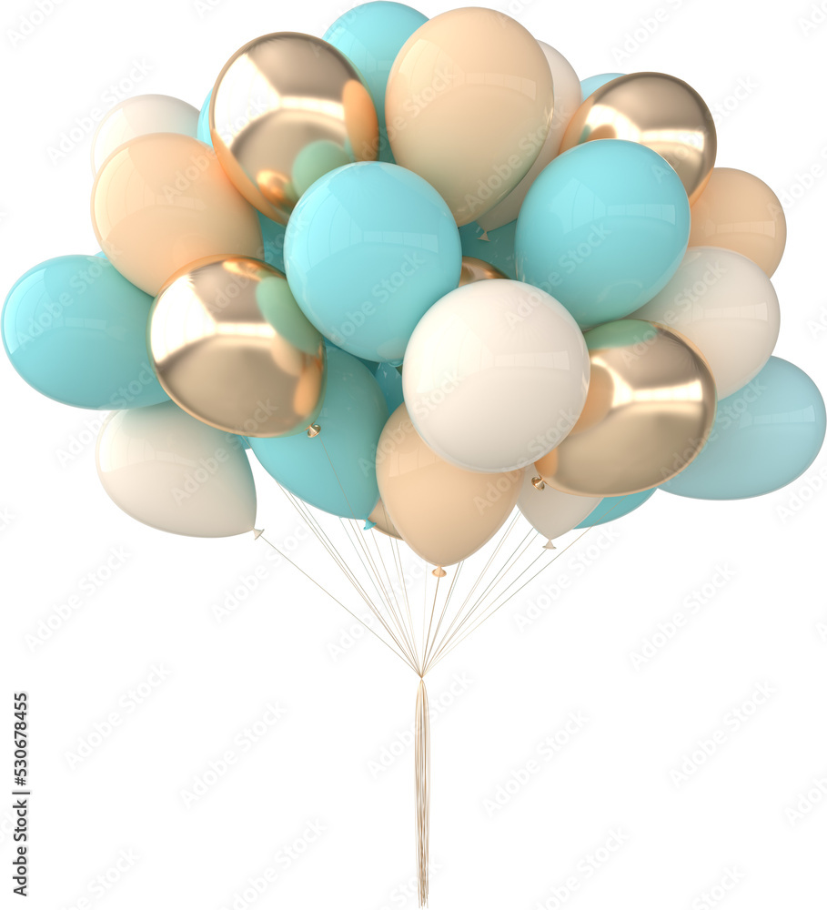 3d render illustration of realistic blue, beige and golden balloons on ...