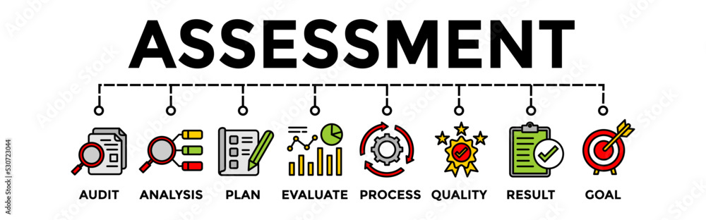 Assessment Banner Vector Illustration with icons. providing the assess ...