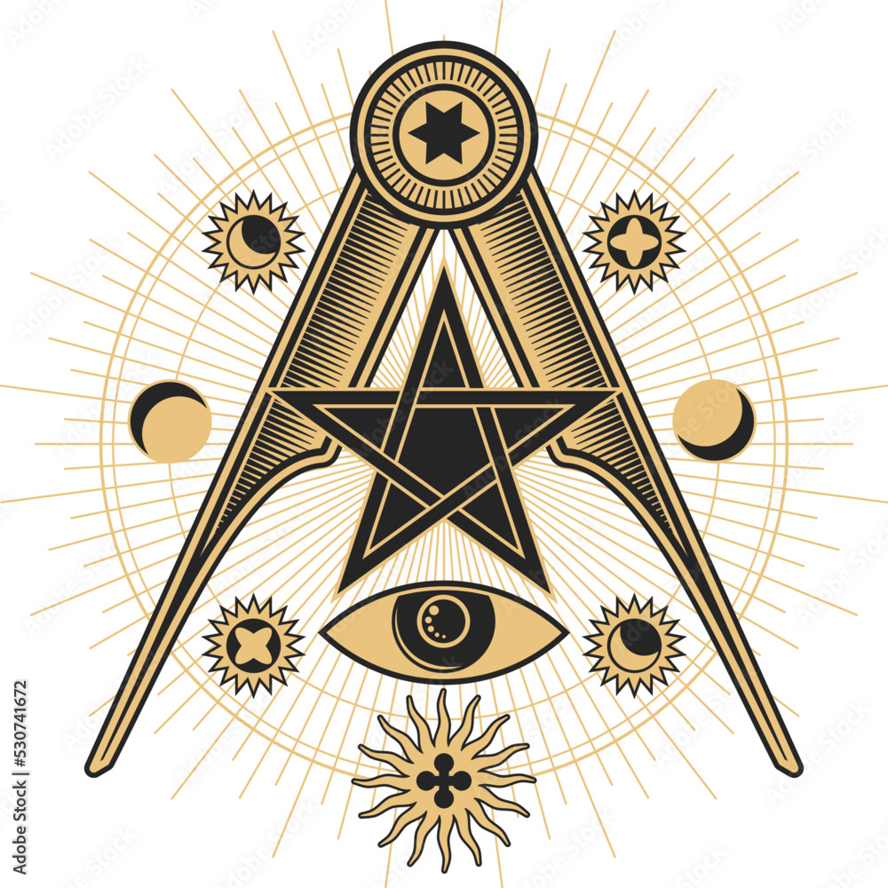 Mason sign, occult esoteric pentagram symbol of eye and compasses, masonic illuminati vector ...