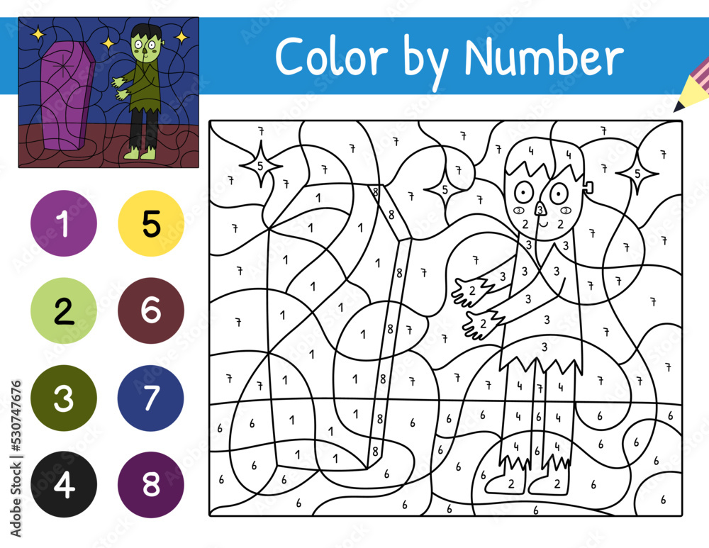 Cute zombie with coffin color by number game for kids. Coloring page ...