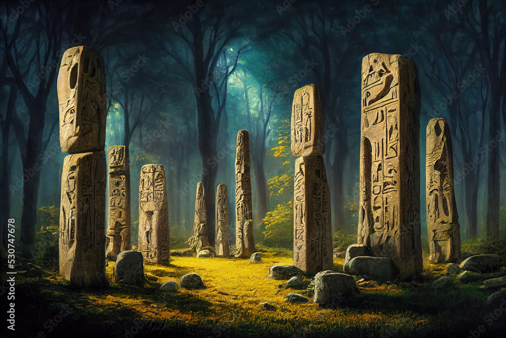 An ancient place of power. Megalithic stone pillars in the night forest ...