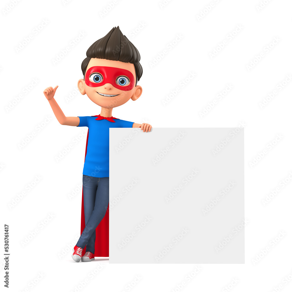 Cartoon character boy in super hero costume showing thumb up leaning ...