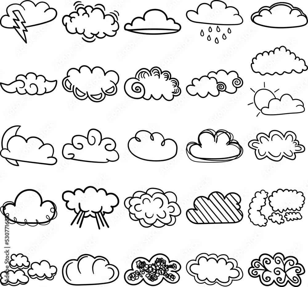 Clouds Hand Drawn Doodle Line Art Outline Set Containing cloud, clouds, fog, mist, puff, smog ...
