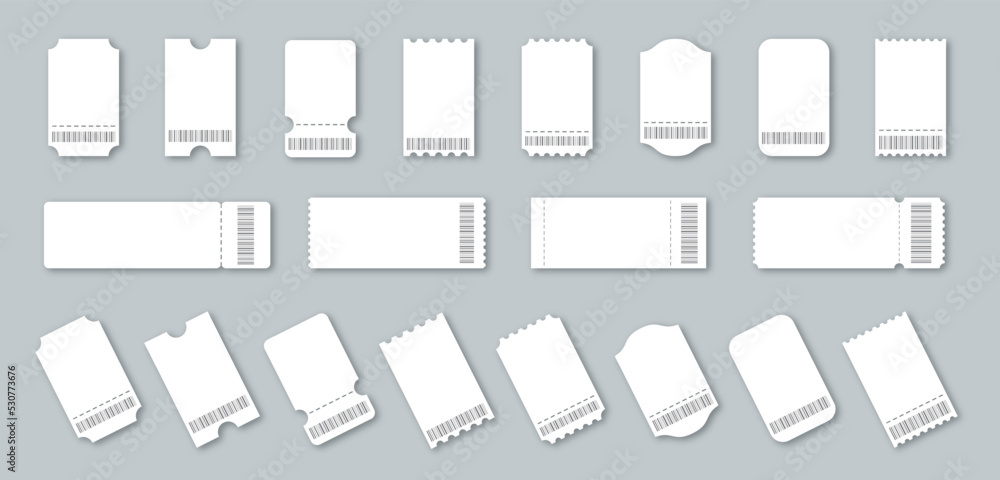 Blank tickets set. Empty ticket template. White blank ticket mockup ...