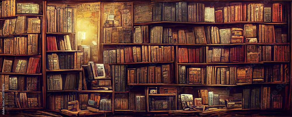Old library or bookshop with many books on shelves Stock Illustration ...
