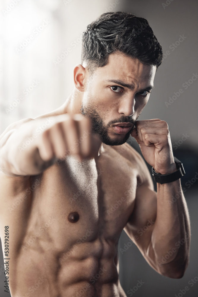 Boxing fist, strong man portrait and fitness power of mma fighter ...