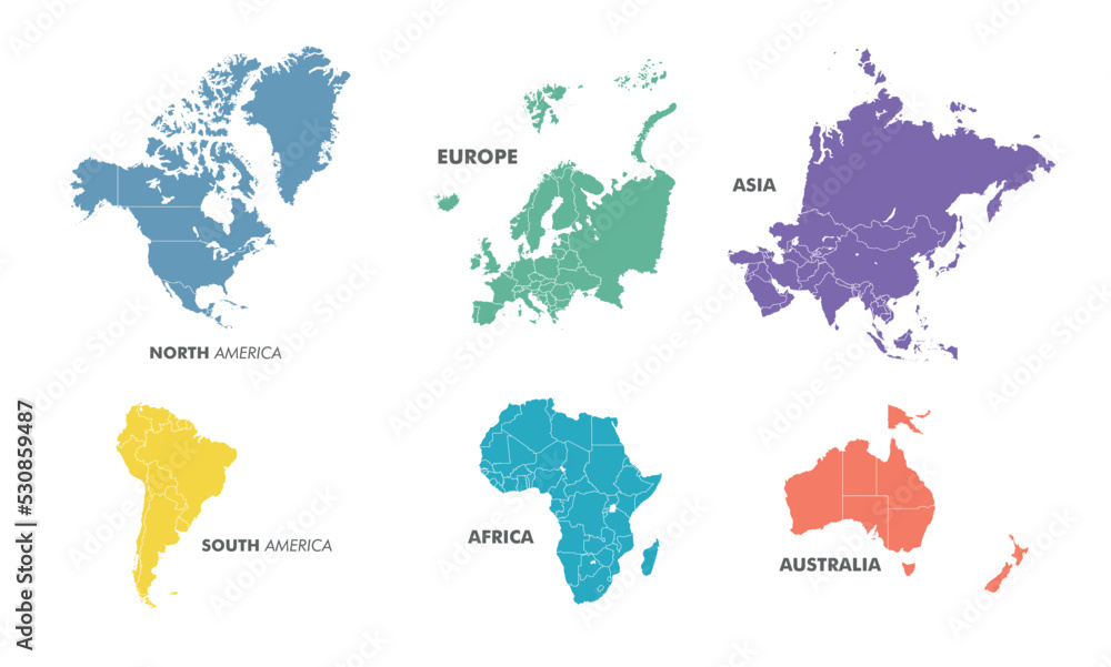 World map divided into six continents in different color. World map 6 ...