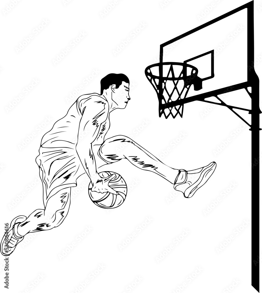 Jumping basketball player silhouette vector, Sketch drawing of ...