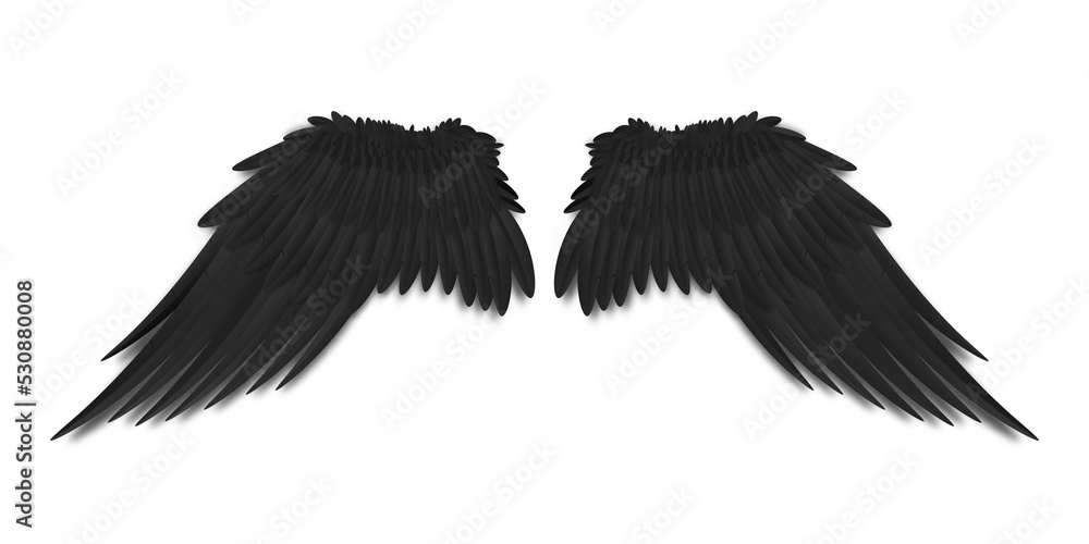 Black bird or dark angel wings with realistic feathers from back view ...