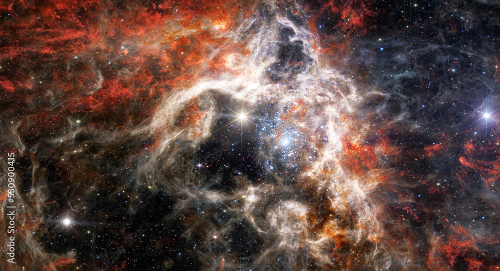 Tarantula Nebula, 30 Doradus, NGC 2070, Star forming region in the deep space. Gas accumulation ...