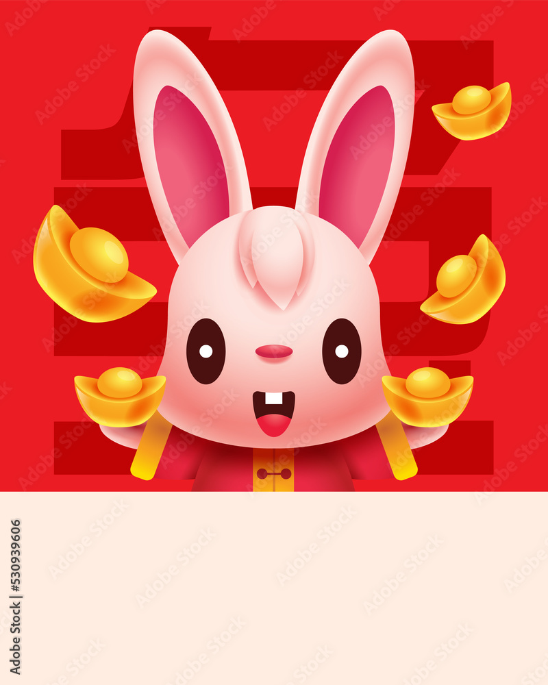 Happy chinese new year 2023. Cute rabbit bunny holding gold ingots with ...