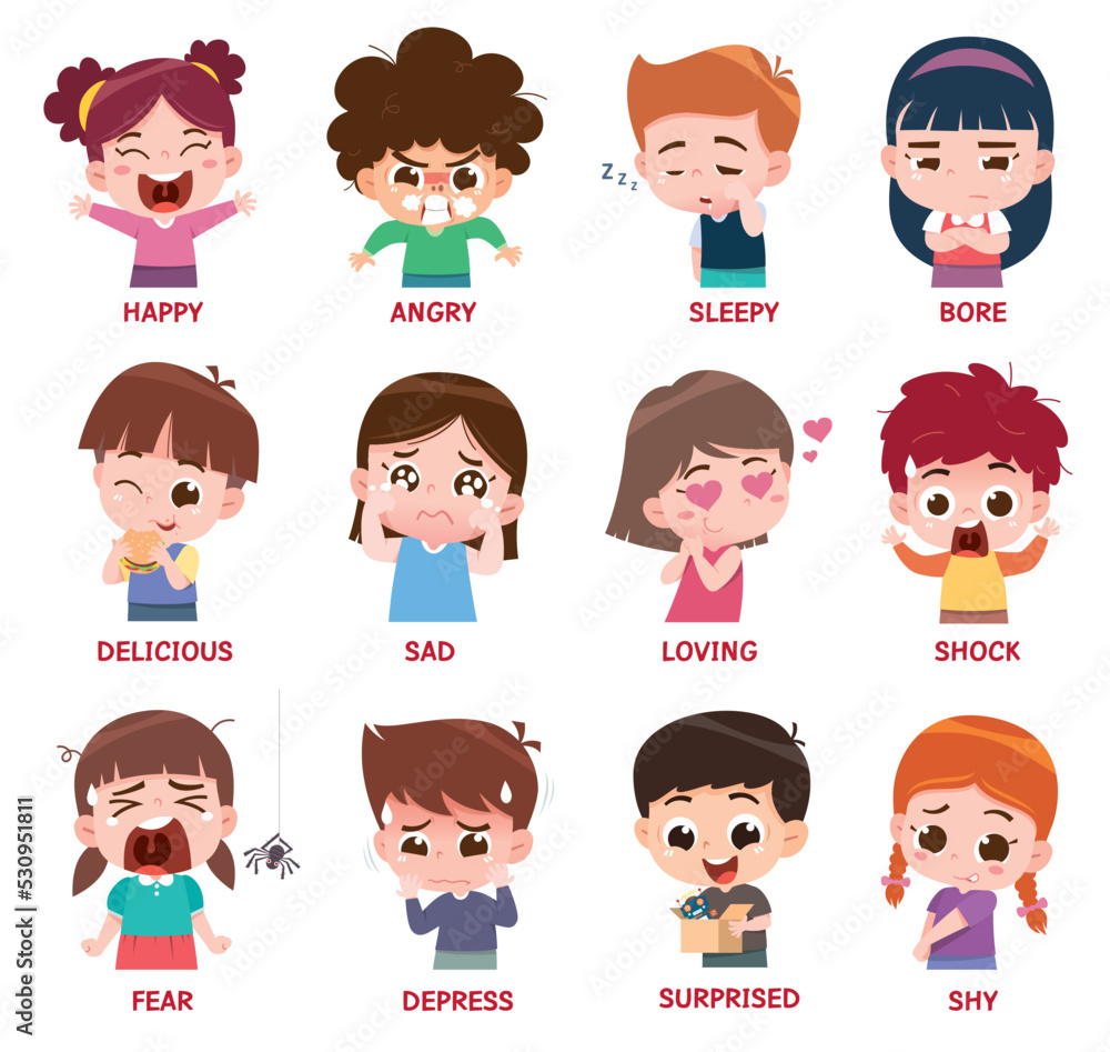 Vector illustration of Cartoon emotions children, Variety kids face expressions Stock Vector ...