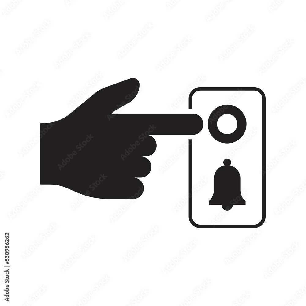 Ring door bell icon. Hand pushing the button sign. Pressing the ...