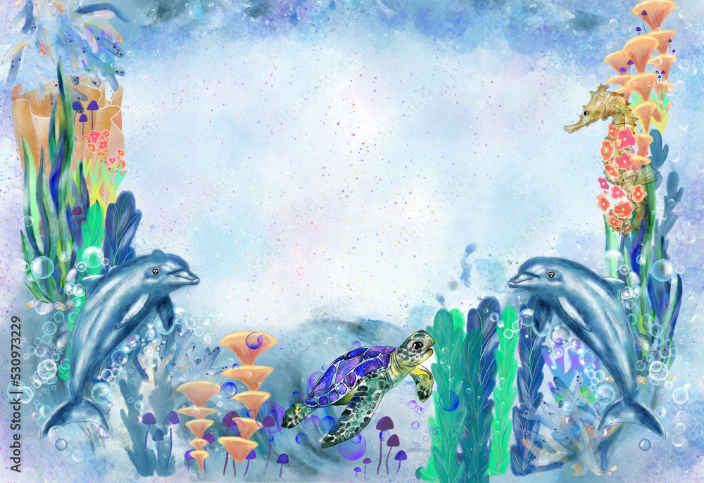 Colourful Ocean sea animals with reef and seashells. Idea for books ...