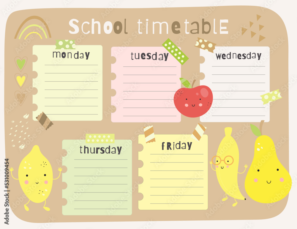 Vector de Stock Funny Fruits School Timetable, Lesson Schedule template ...