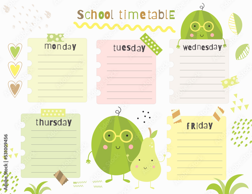 Cute Fruits School Timetable, Lesson Schedule template. Vector ...