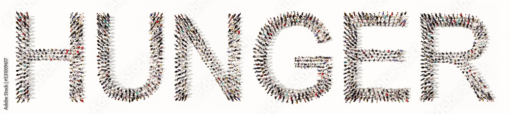 Concept conceptual large community of people forming the word HUNGER ...