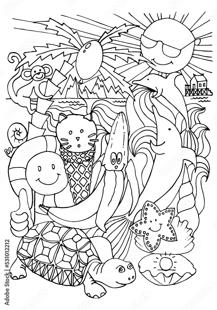Coloring page for kids. Summer beach illustration. Sea. Hand drawn ...