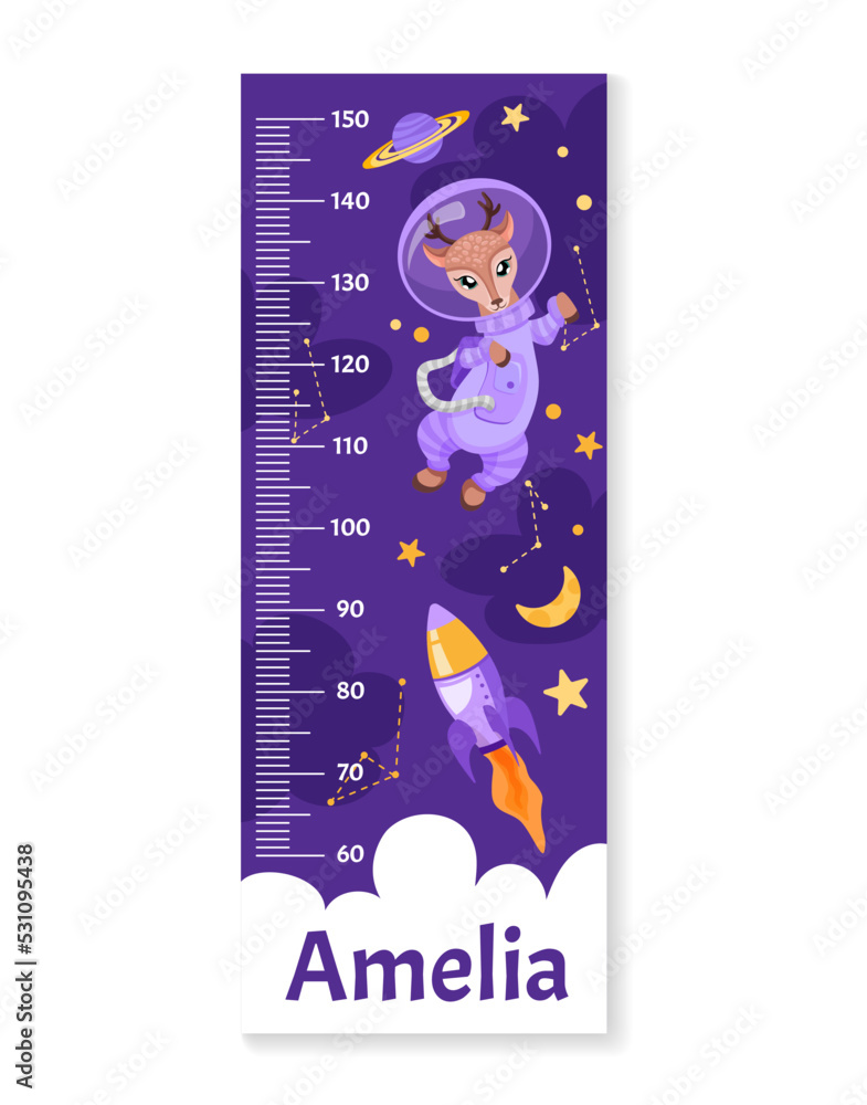 Kids height chart with animal astronaut in space suit, planets ...