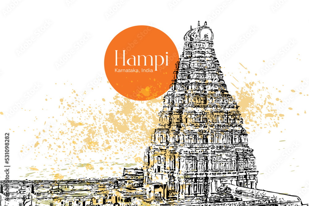 Virupaksha Temple, Hampi Karnataka, India, vector hand drawing ...