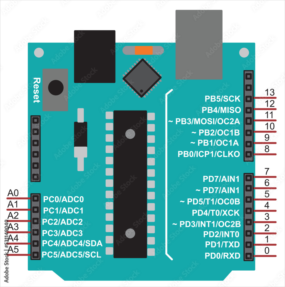 Vector de Stock Vector illustration of arduino uno printed circuit board. An electronic board ...