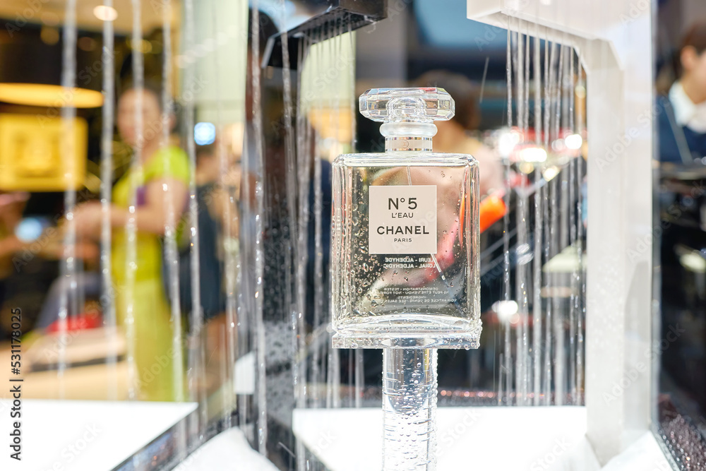 HONG KONG - SEPTEMBER 02, 2016: close up shot of Chanel No. 5 in a ...