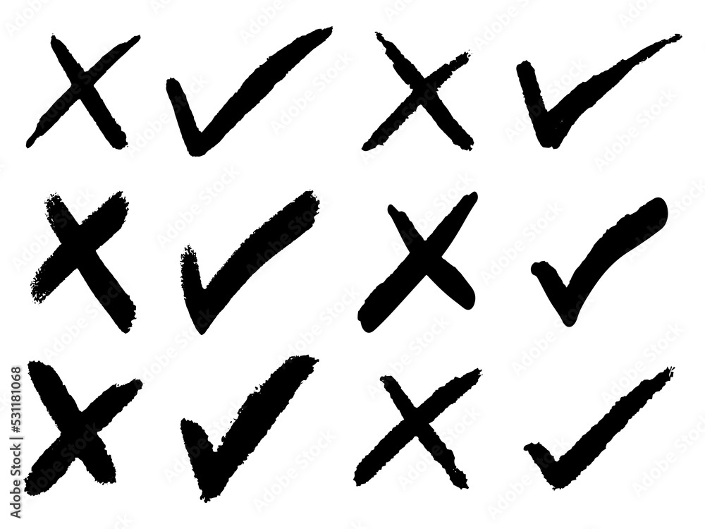 Doodle check mark and cross mark icon set. Tick symbol. checklist signs. vector illustration ...