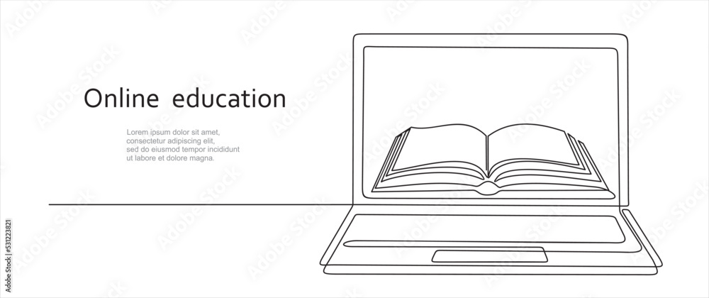 Continuous line drawing or one line drawing of a book on a computer ...