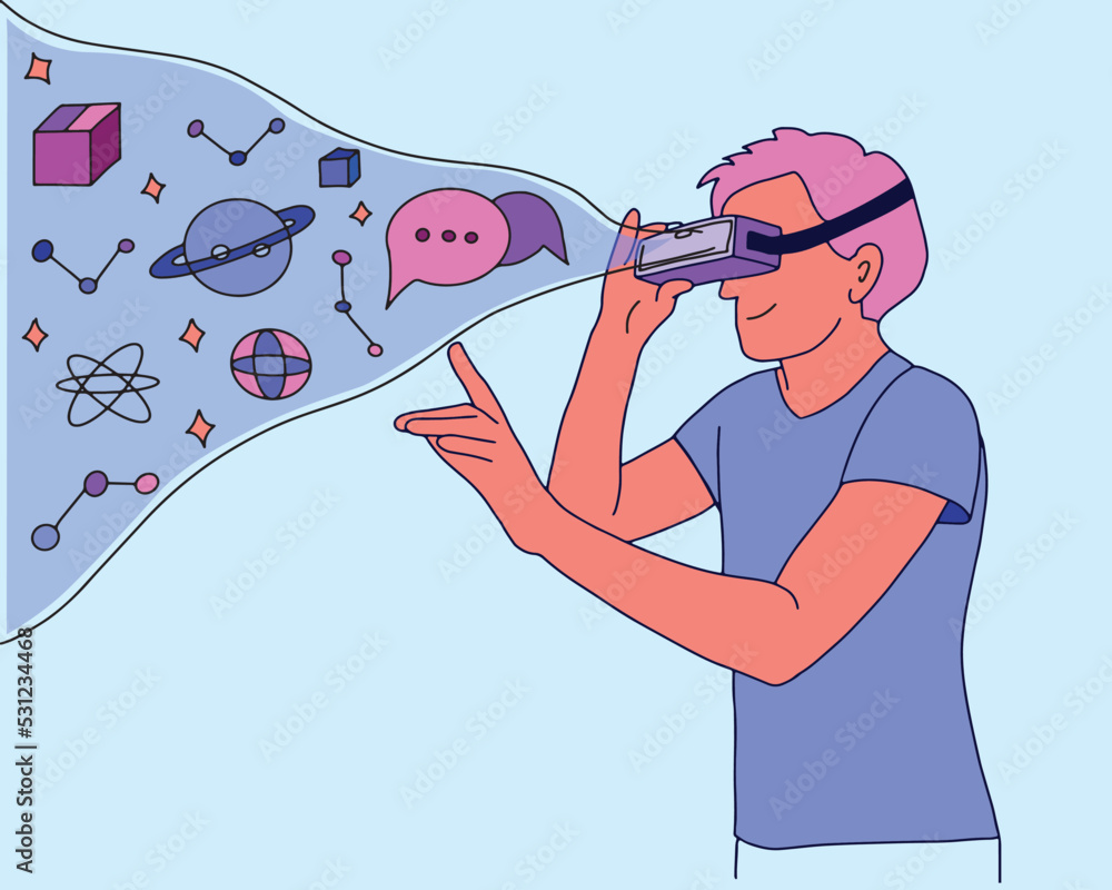 Vector illustration of a person holding virtaul reality glasses. VR ...