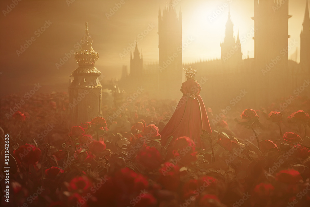 Magnificent queen of United Kingdom sitting in garden with red roses as ...