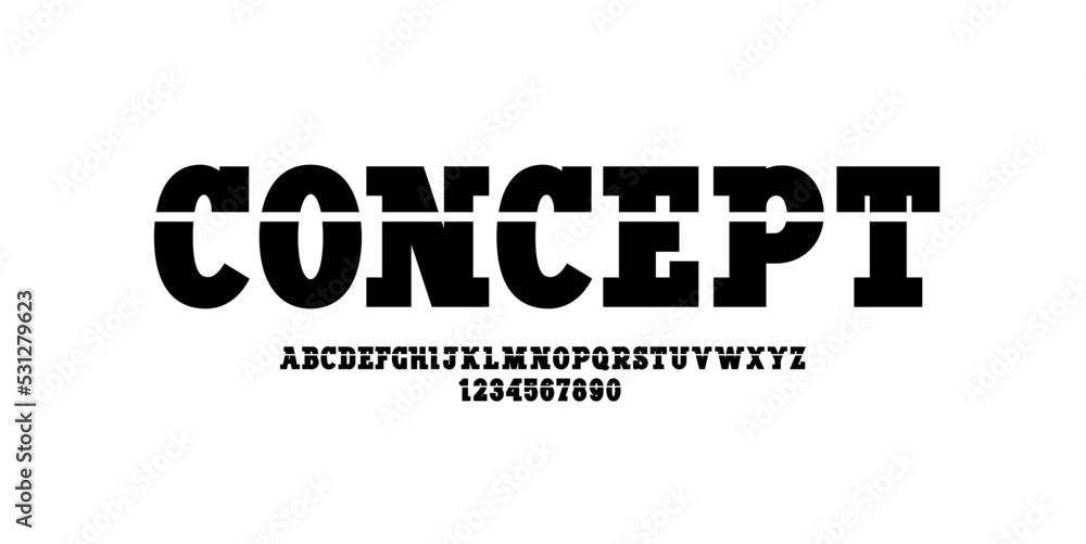 Black font, slab serif alphabet, uppercase letters and numbers cut into ...