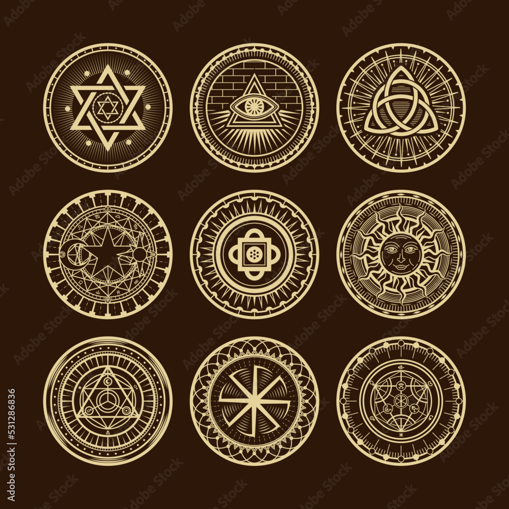 Occult pentagram symbols. Magic circles. Egypt star logo. Esoteric ankh ...