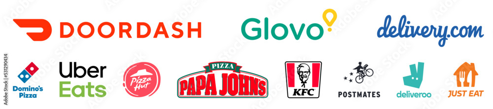 Food delivery service logos company: Deliveroo, KFC, Uber Eats ...