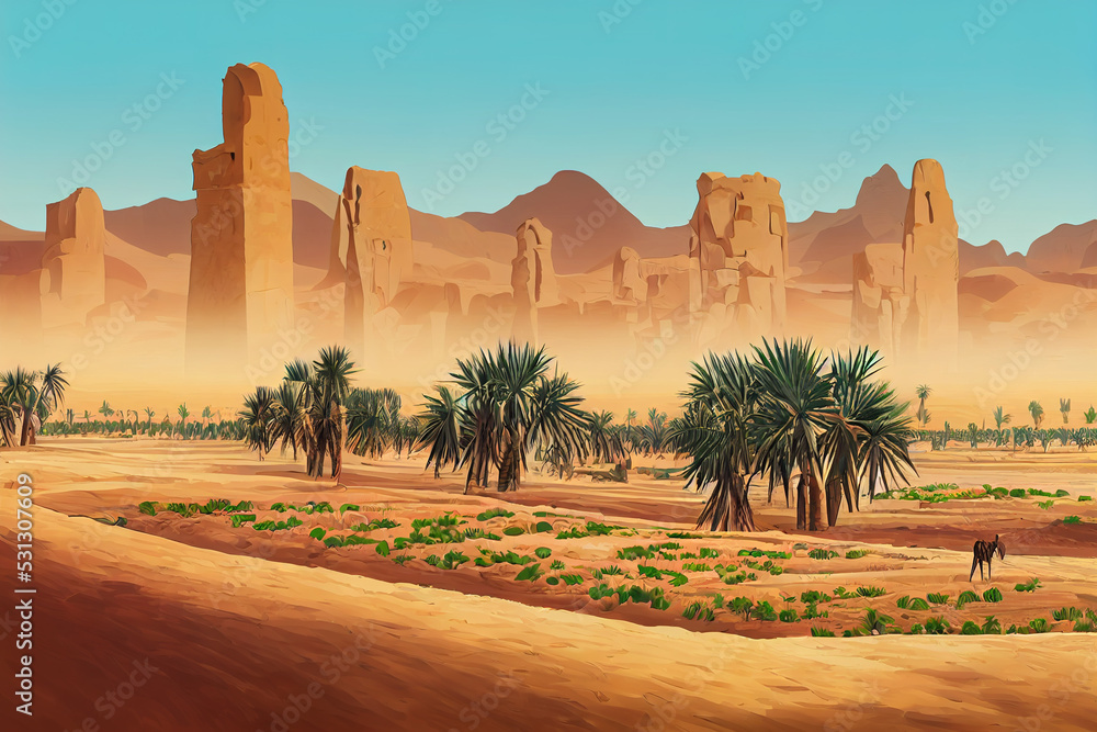 Ilustración de Stock Agricultural date palm farm in dry semi desert ...