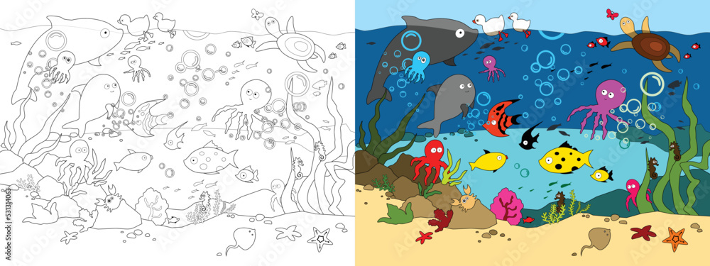 Vector bright cartoon illustration for a coloring book. Marine life ...