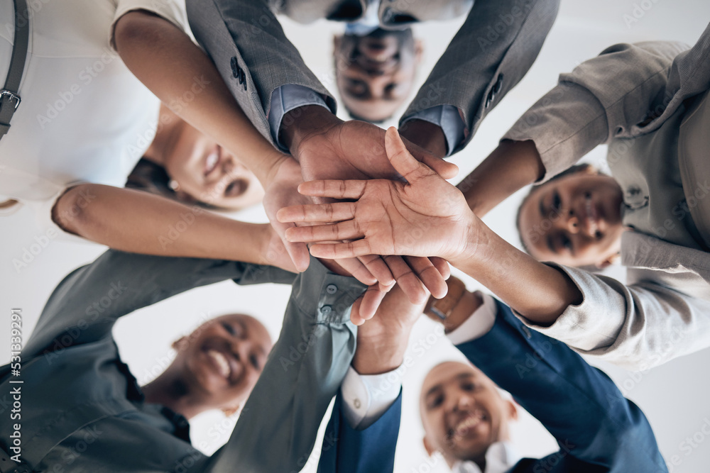 Work, motivation and hands in teamwork support of happy office worker ...