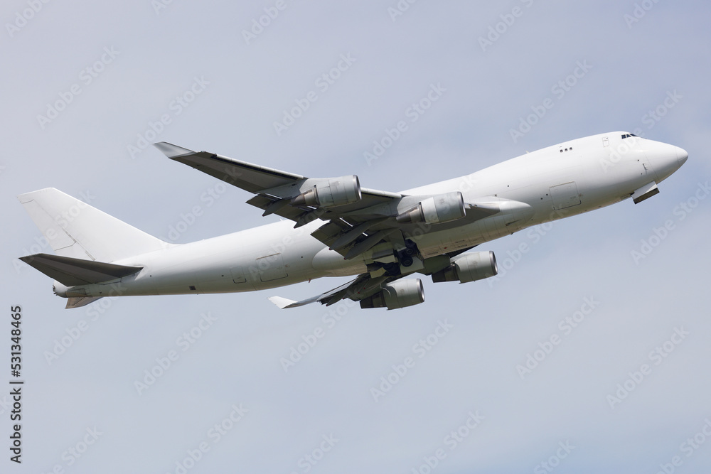 Boeing 747-400 All White Colours cargo Aircraft taking off Stock Photo ...