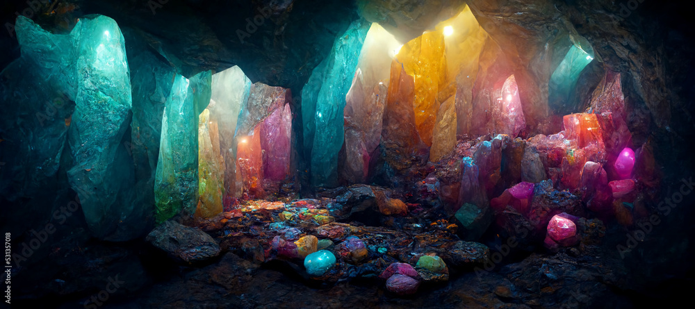 Colorful gemstones inside a magical cave. Realistic render background ...