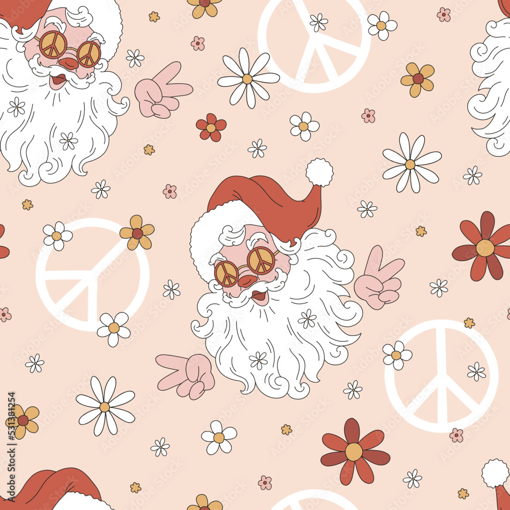 Hippie Santa Claus portrait in peace sign shades floral vector seamless ...