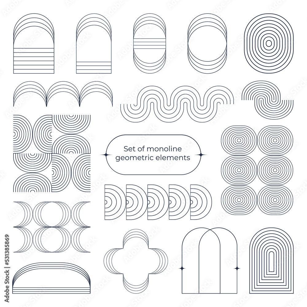 Set of monoline geometric elements. Minimalistic abstract thin lines. For social media posts and ...