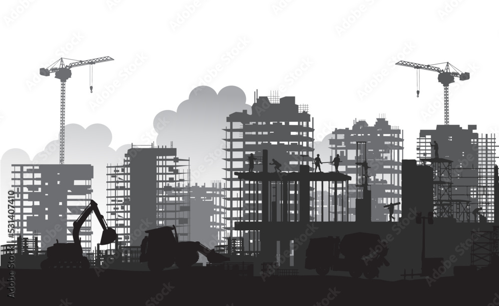 Silhouette Building construction site with cranes and skyscraper and ...