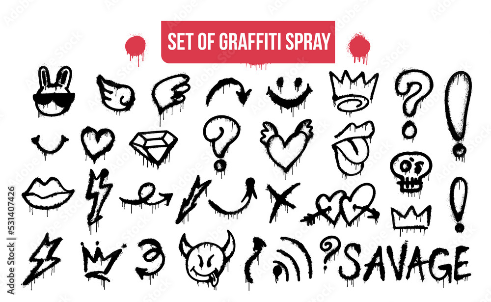 Big collection of graffiti spray pattern. Design symbols, crown ...