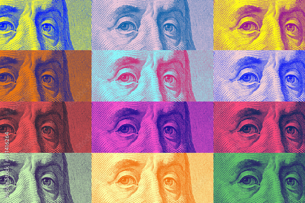 Contemporary artwork close up president banknotes face. Digital texture ...